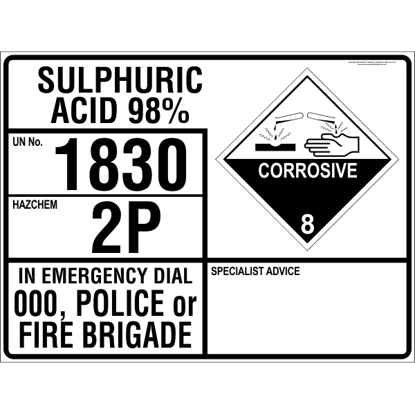 EMERGENCY INFORMATION PANEL - SULPHURIC ACID 98% - Australian Safety Signs