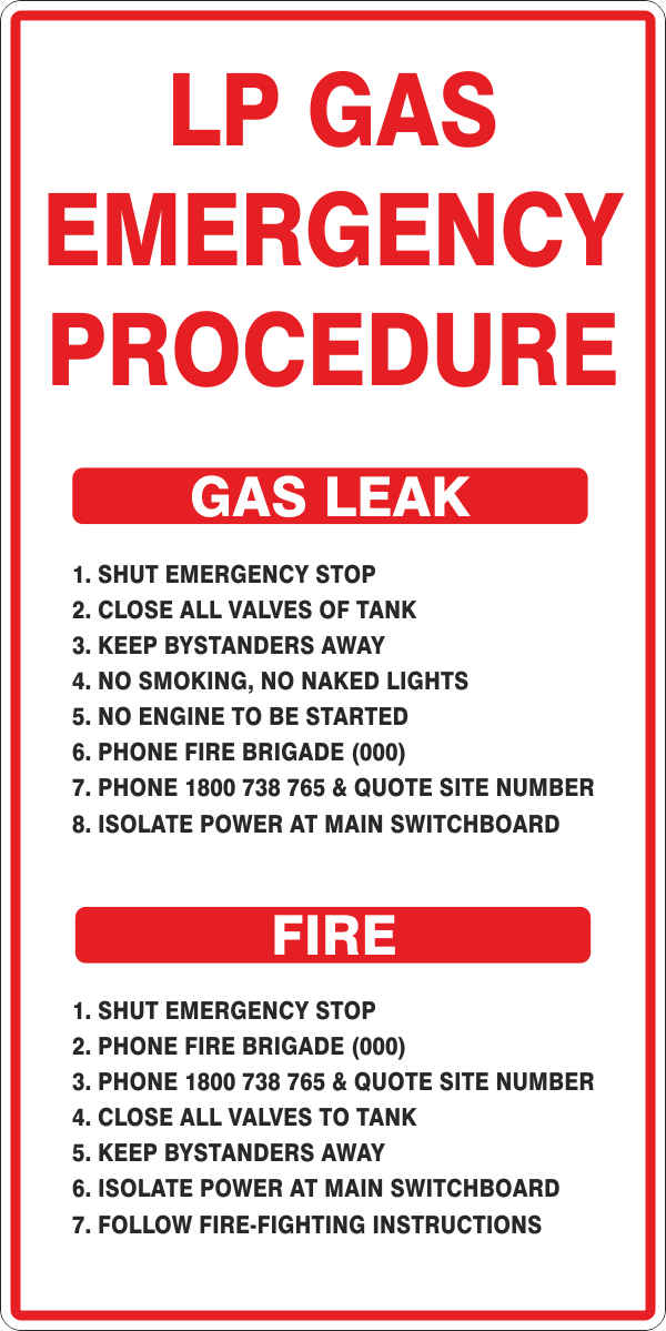 LP GAS EMERGENCY PROCEDURE - Australian Safety Signs